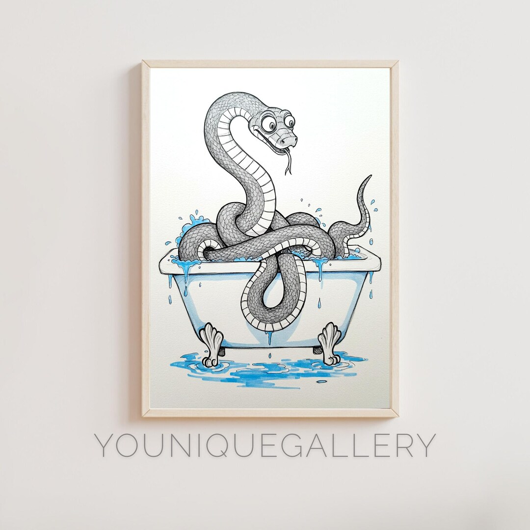 Snake Bathtub Art Printable | Funny Bathroom Wall Decor | Serpent in ...
