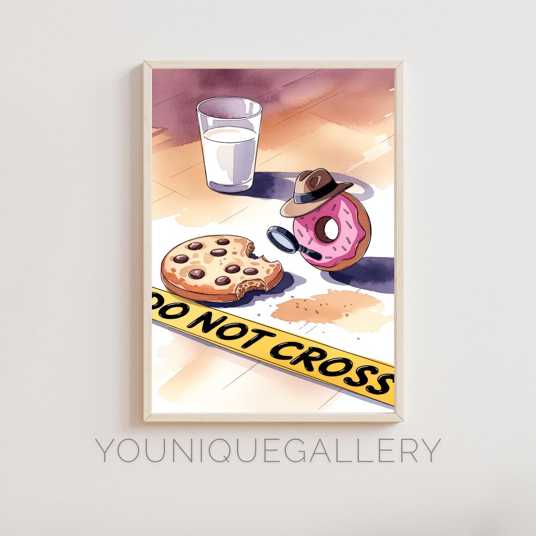 Donut Detective Watercolor Print: Funny Kitchen Crime Scene (digital ...