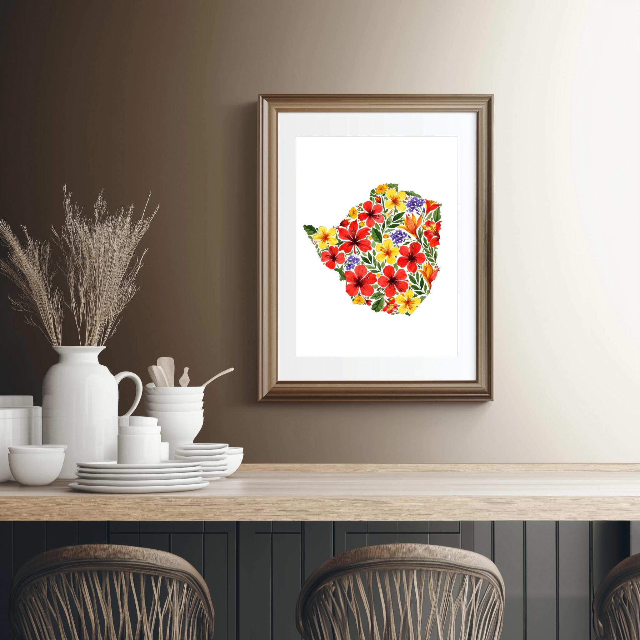 Zimbabwe Country Map Floral Outline Painting Printable, Flame Lily ...