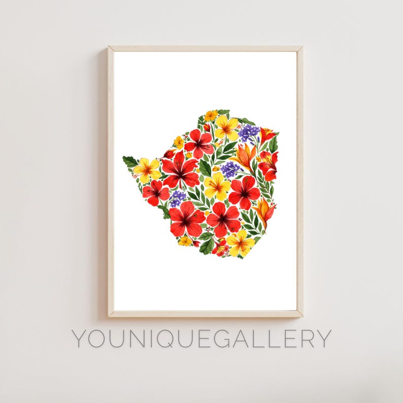 Zimbabwe Country Map Floral Outline Painting Printable, Flame Lily ...