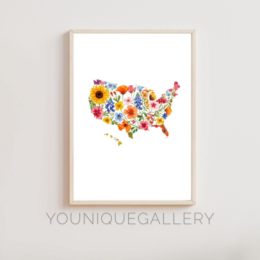 USA Floral Map Printable Painting, Watercolor American Wildflowers Art ...