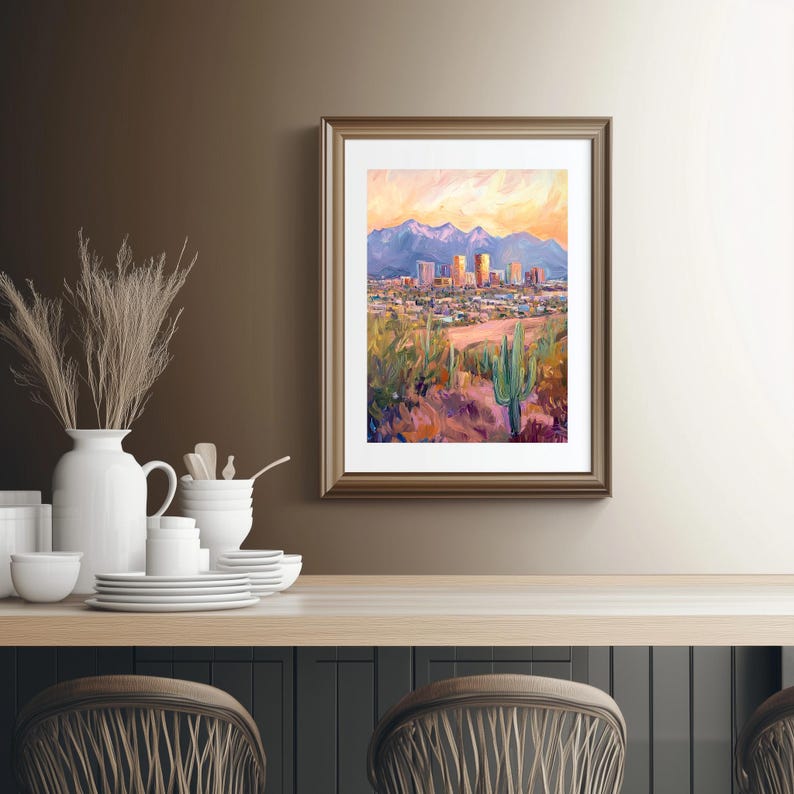 Tucson Arizona Oil Painting: Desert Cactus Sunset Print (digital ...