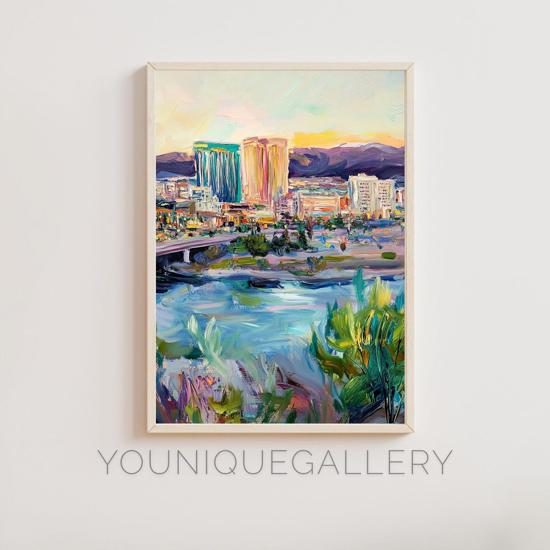 Reno Nevada Oil Painting Printable Wall Art, Sierra Mountain Casino ...