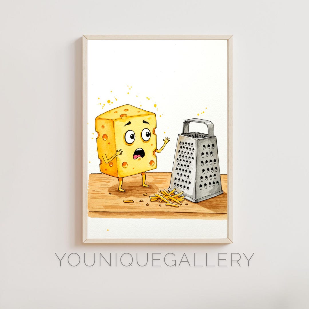 Funny Cheese Vs Grater Kitchen Wall Art | Cute Food Pun Watercolor ...