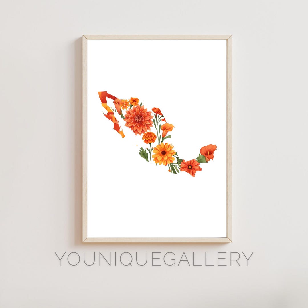 Watercolor Mexico Map Floral Art Print: Dahlia & Cempasuchil (digital ...