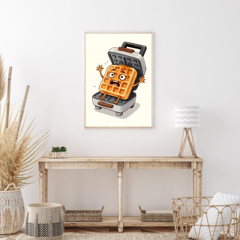 Funny Waffle in Waffle Iron Print | Cute Food Character Kitchen Art ...