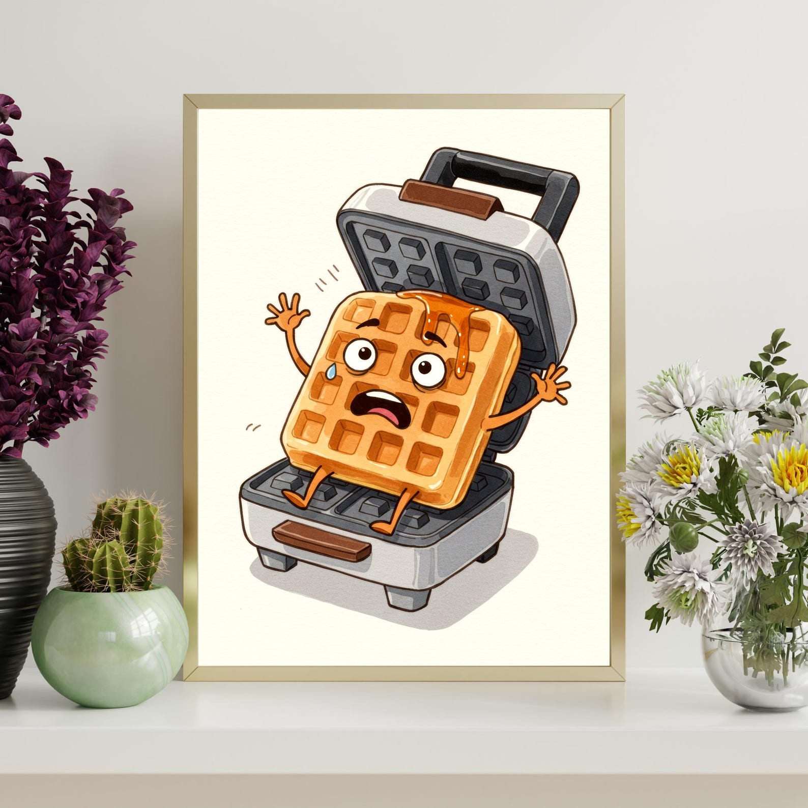 Funny Waffle in Waffle Iron Print | Cute Food Character Kitchen Art ...