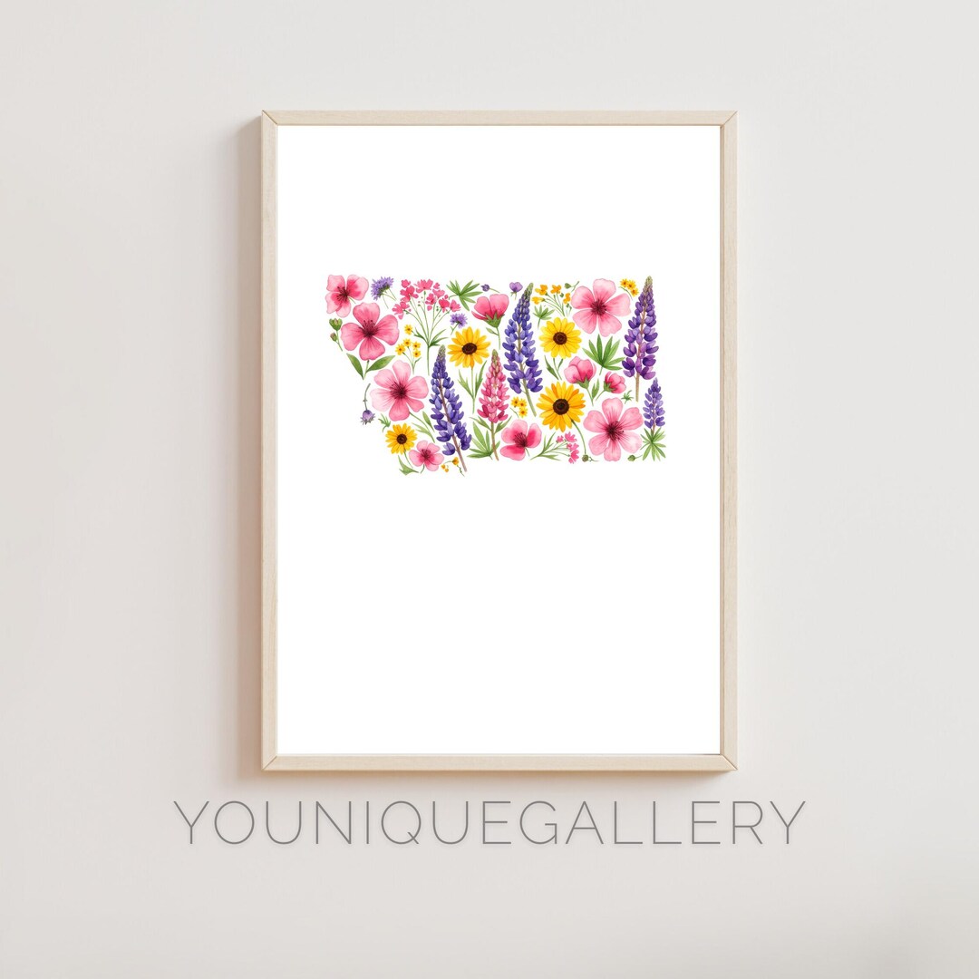 Montana Floral Map Printable Wall Art, Bitterroot Watercolor Print ...