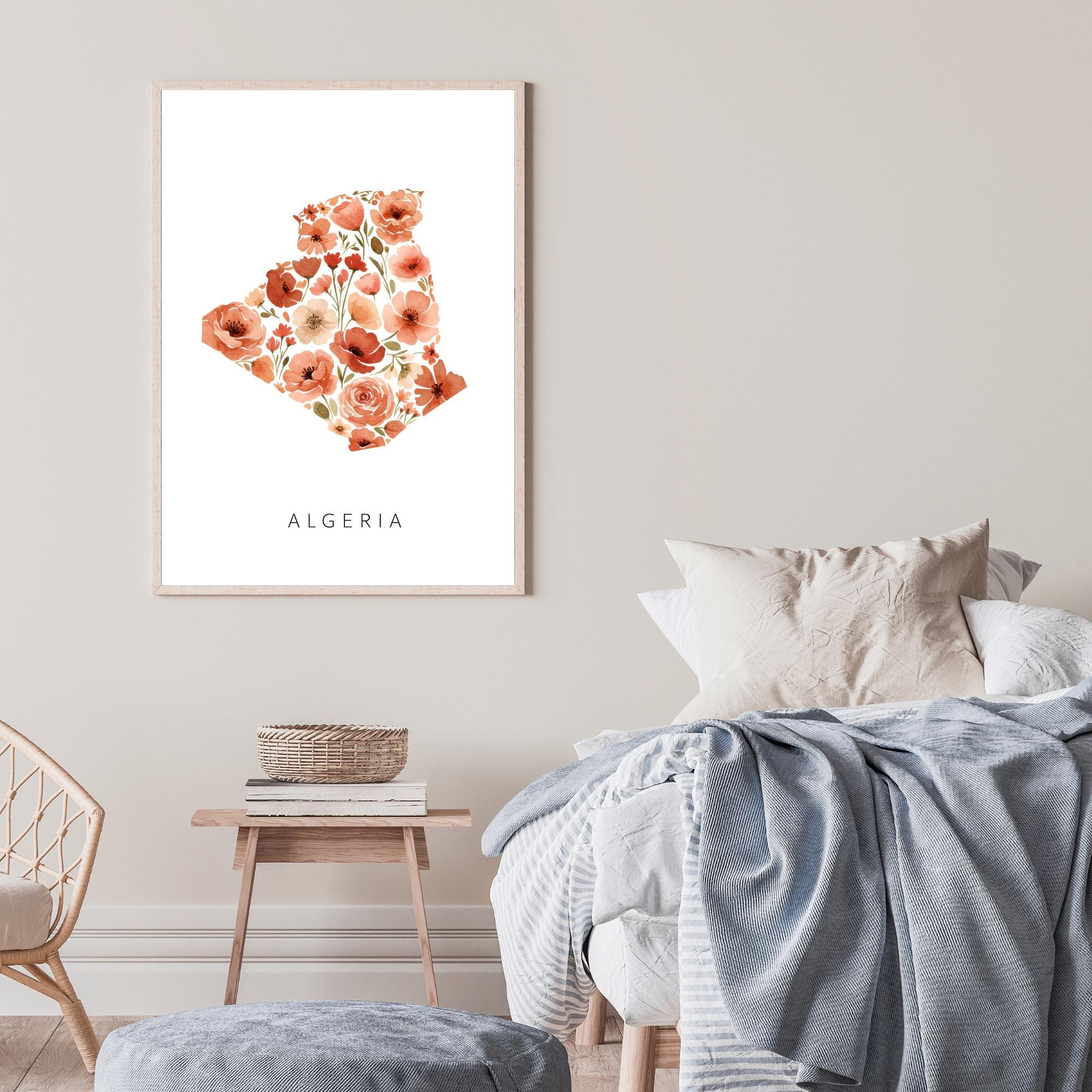 Algeria Floral Map Printable Painting, Watercolor Warm Tone Flower Art ...