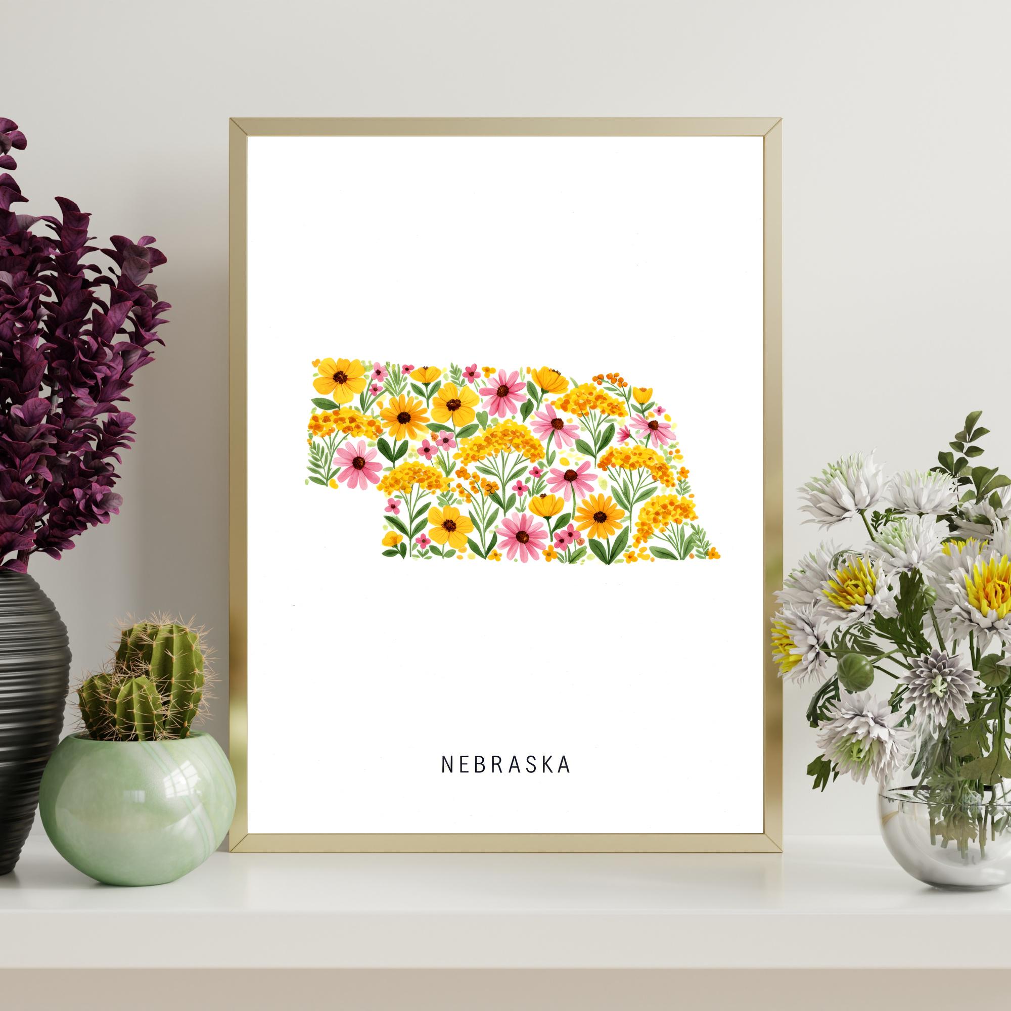 Nebraska Floral Map Printable Wall Art, Goldenrod Watercolor Print ...