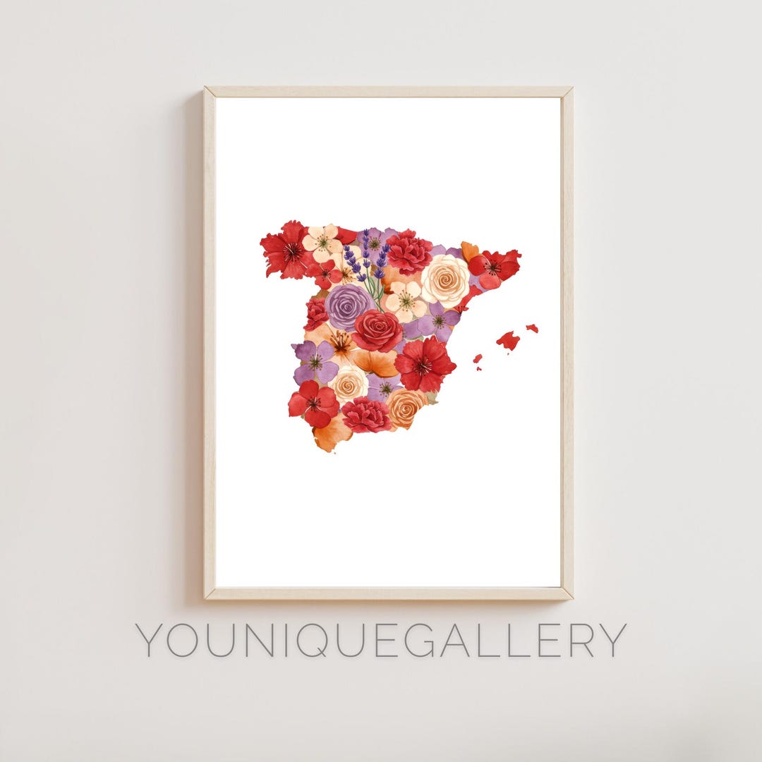 Spain Floral Map Art Print: Watercolor Flower Country Decor (digital ...