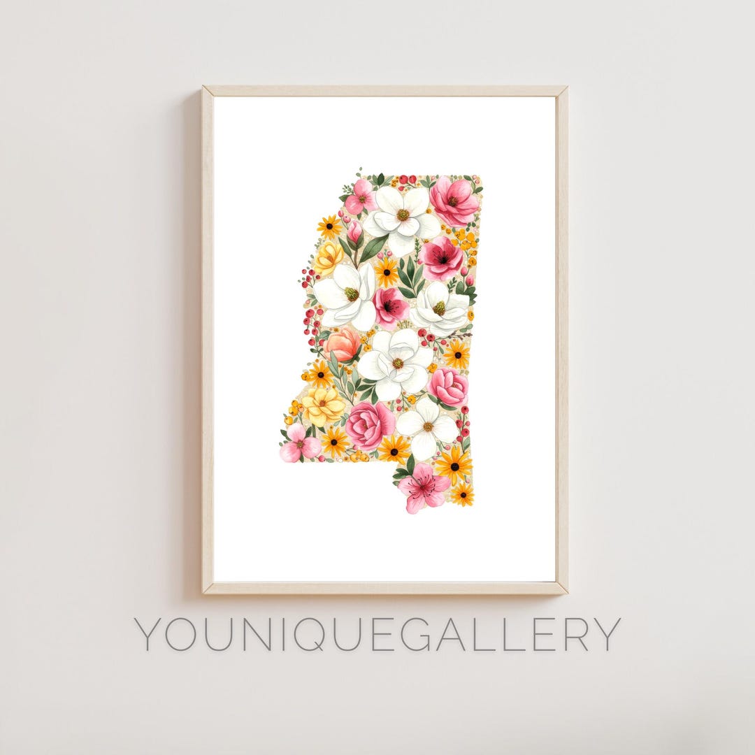 Mississippi Floral Map Art: Watercolor Magnolia Print (digital Download ...