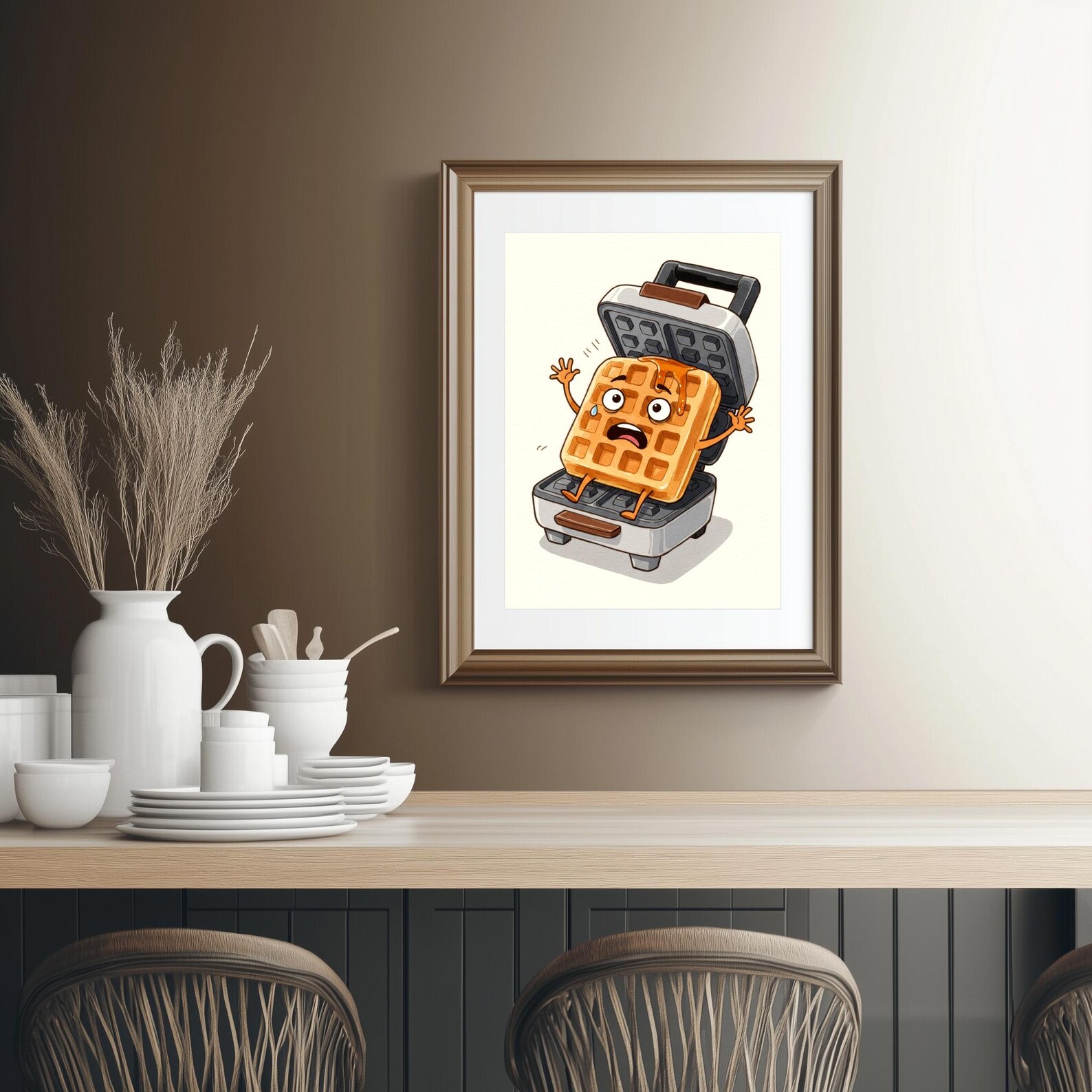 Funny Waffle in Waffle Iron Print | Cute Food Character Kitchen Art ...