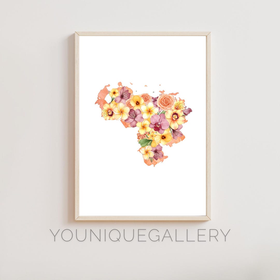 Venezuela Floral Map Art Print: Watercolor Flor De Mayo (digital ...