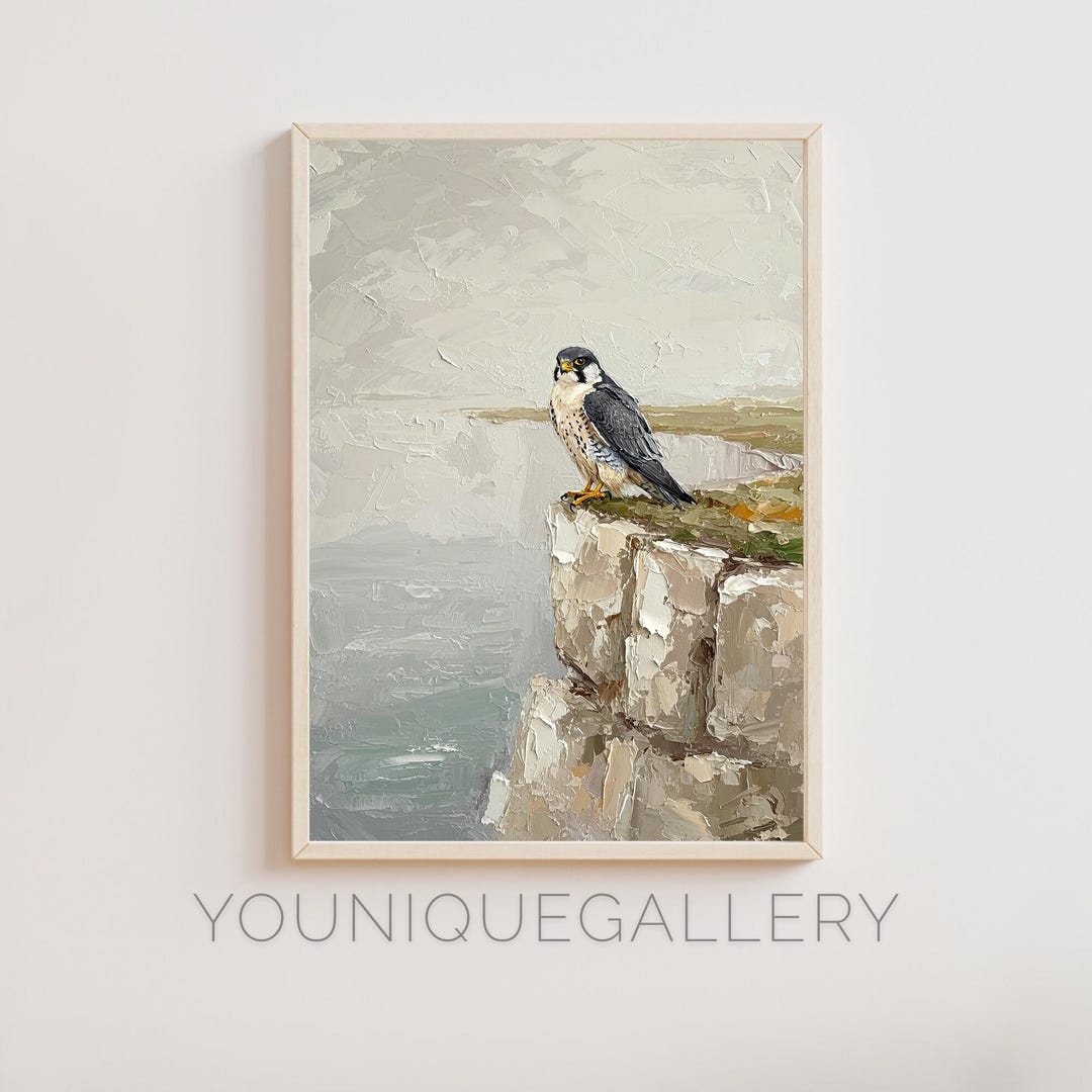Peregrine Falcon Cliff Impasto Painting Printable, Bird of Prey Wall ...