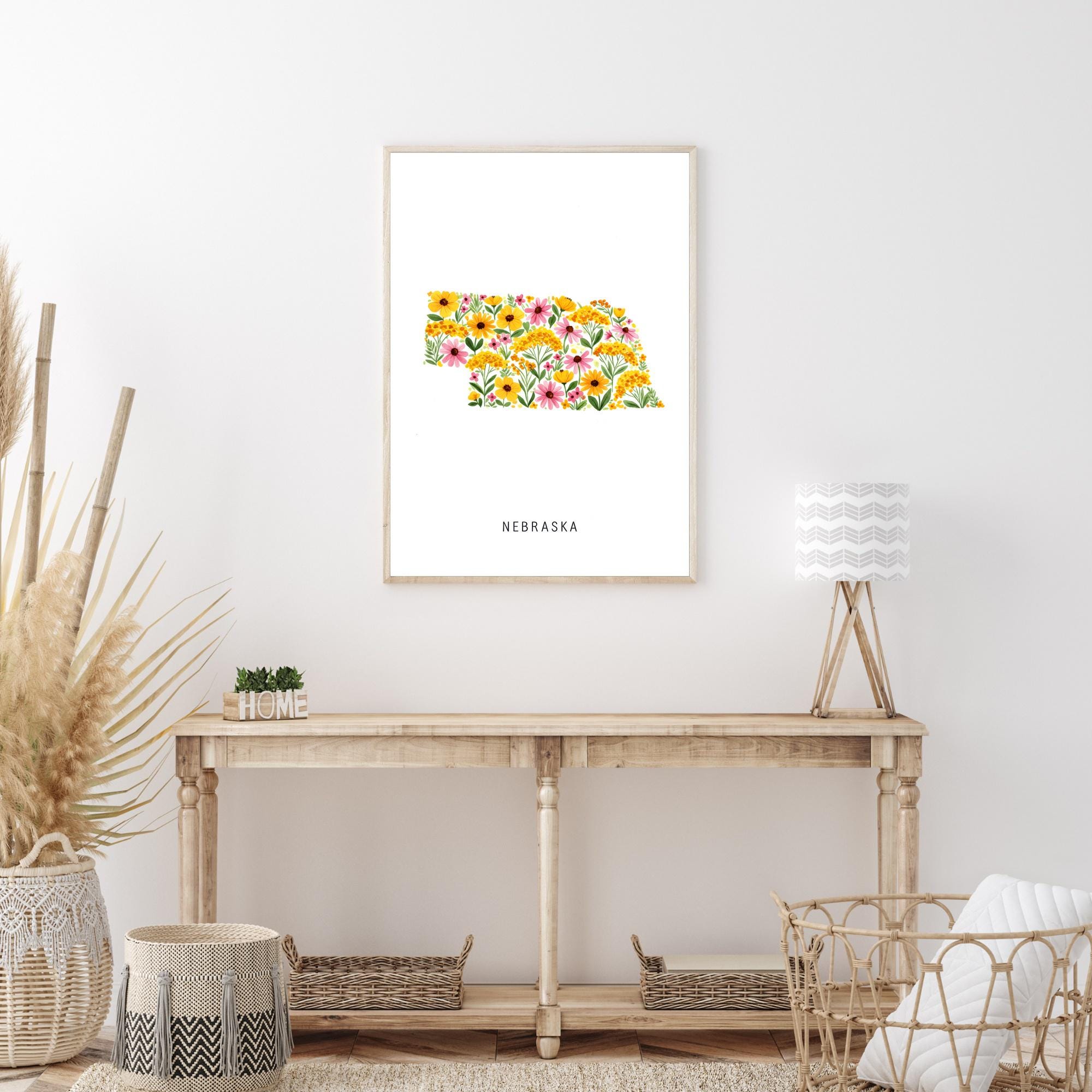 Nebraska Floral Map Printable Wall Art, Goldenrod Watercolor Print ...
