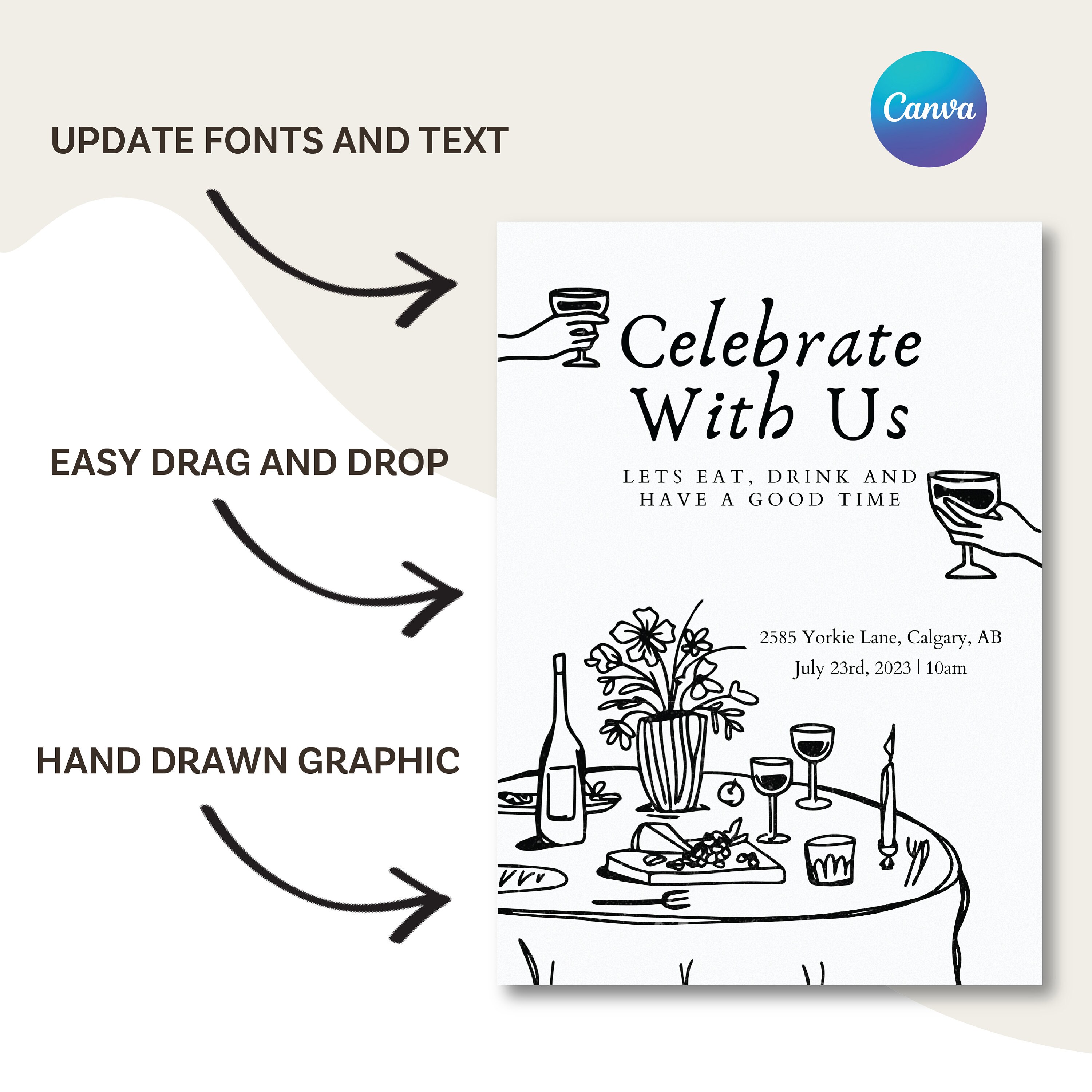 Hand Drawn Party Invitation Template | Canva Template | 100% Editable ...