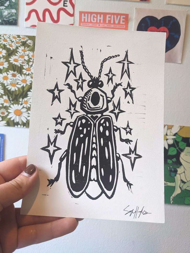 Summer Nights Firefly Linocut Print Lightning Bug Starry Block Print ...