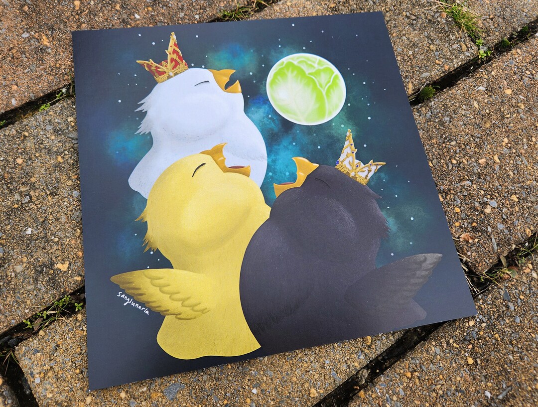 Three Fat Chocobo Moon Print // FFXIV Chocobo Gysahl Green Art Print - Etsy