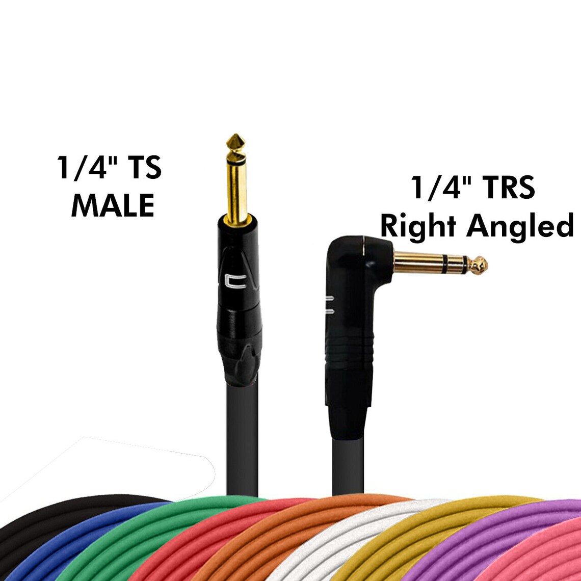 1/4 TS Male to Right Angle TRS Unbalanced Cable Custom Length Color ...