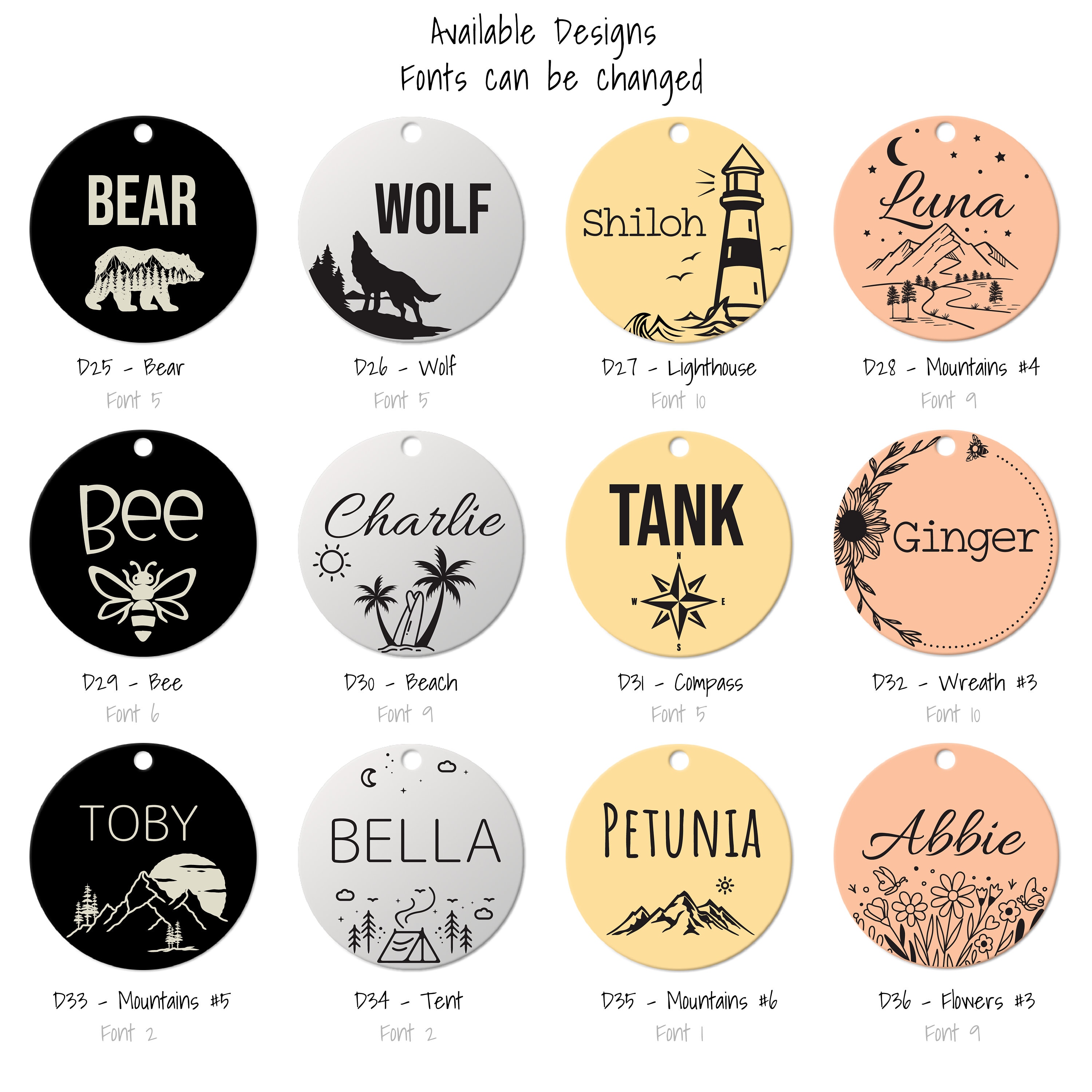 Custom Dog Name Tag Multiple Designs: Mountains, UFO, Flowers, Wreath ...