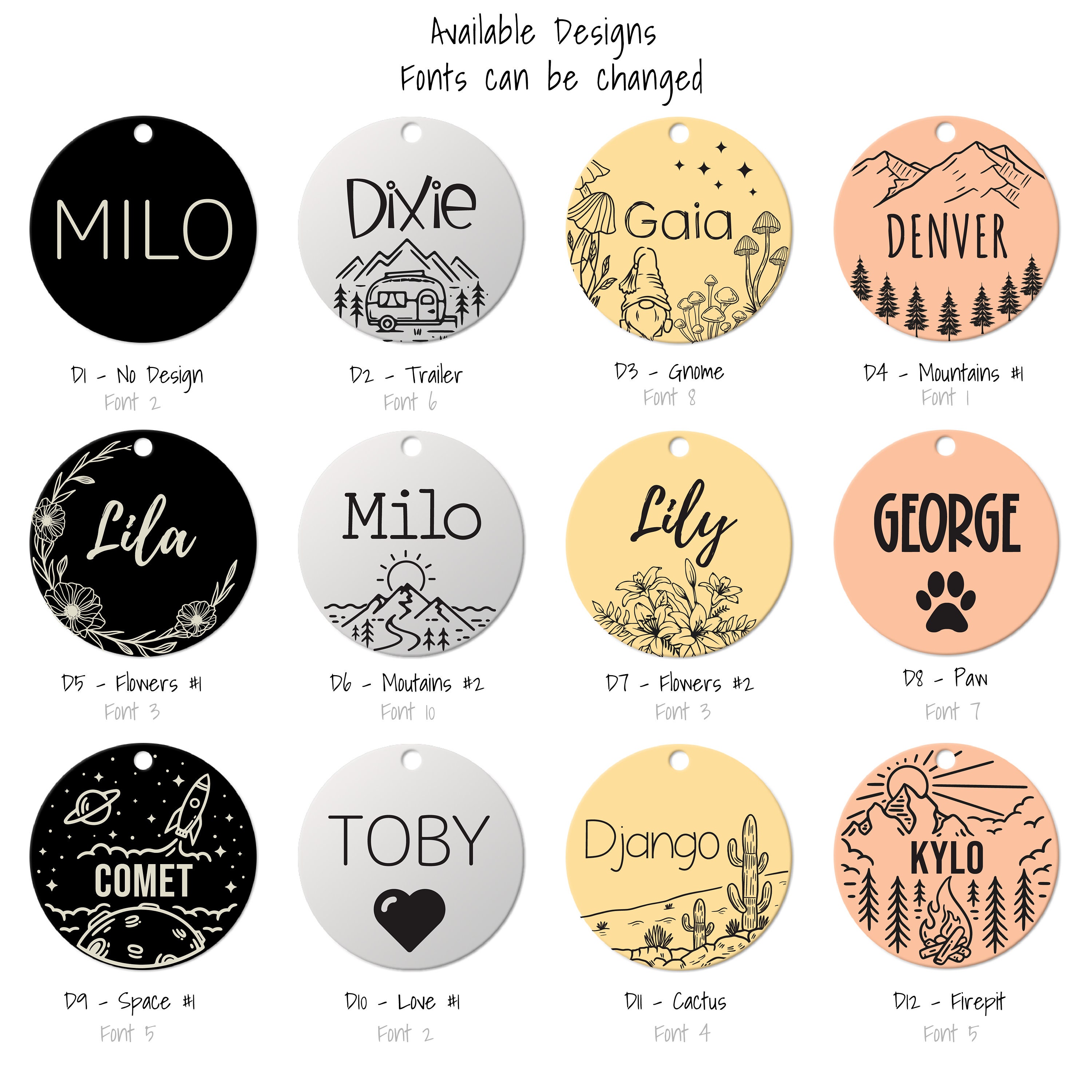 Custom Dog Name Tag Multiple Designs: Mountains, UFO, Flowers, Wreath ...