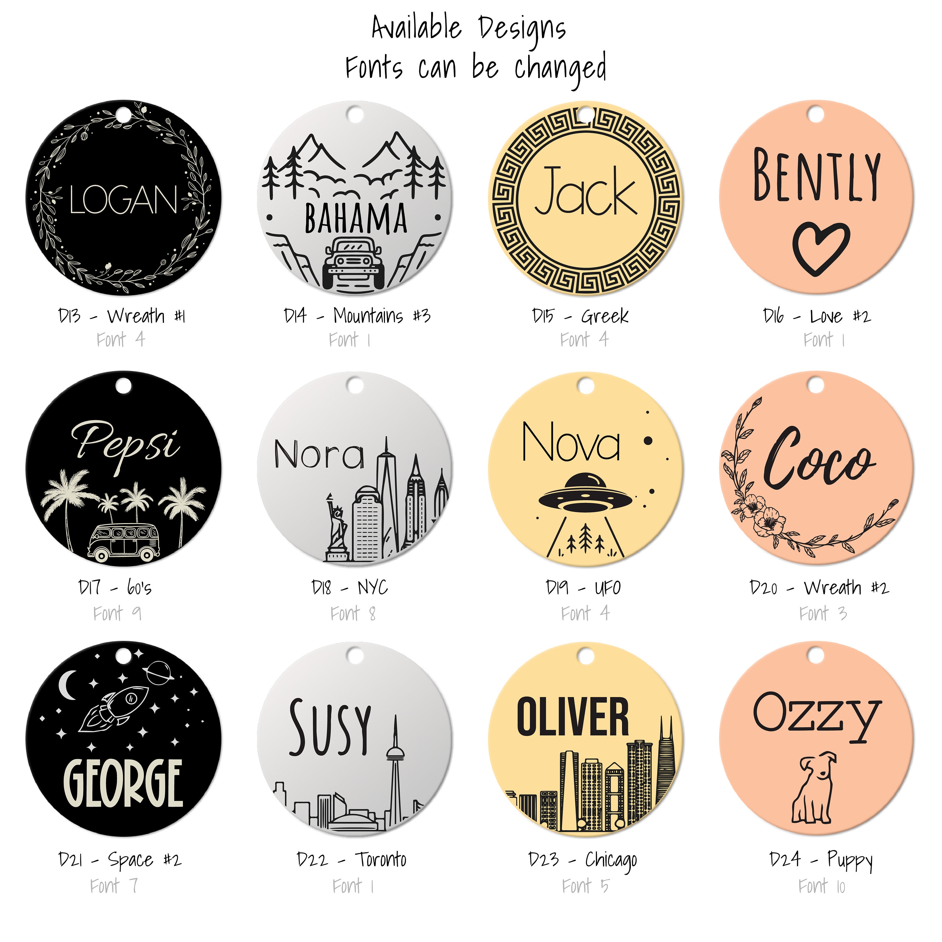 Custom Dog Name Tag Multiple Designs: Mountains, UFO, Flowers, Wreath ...