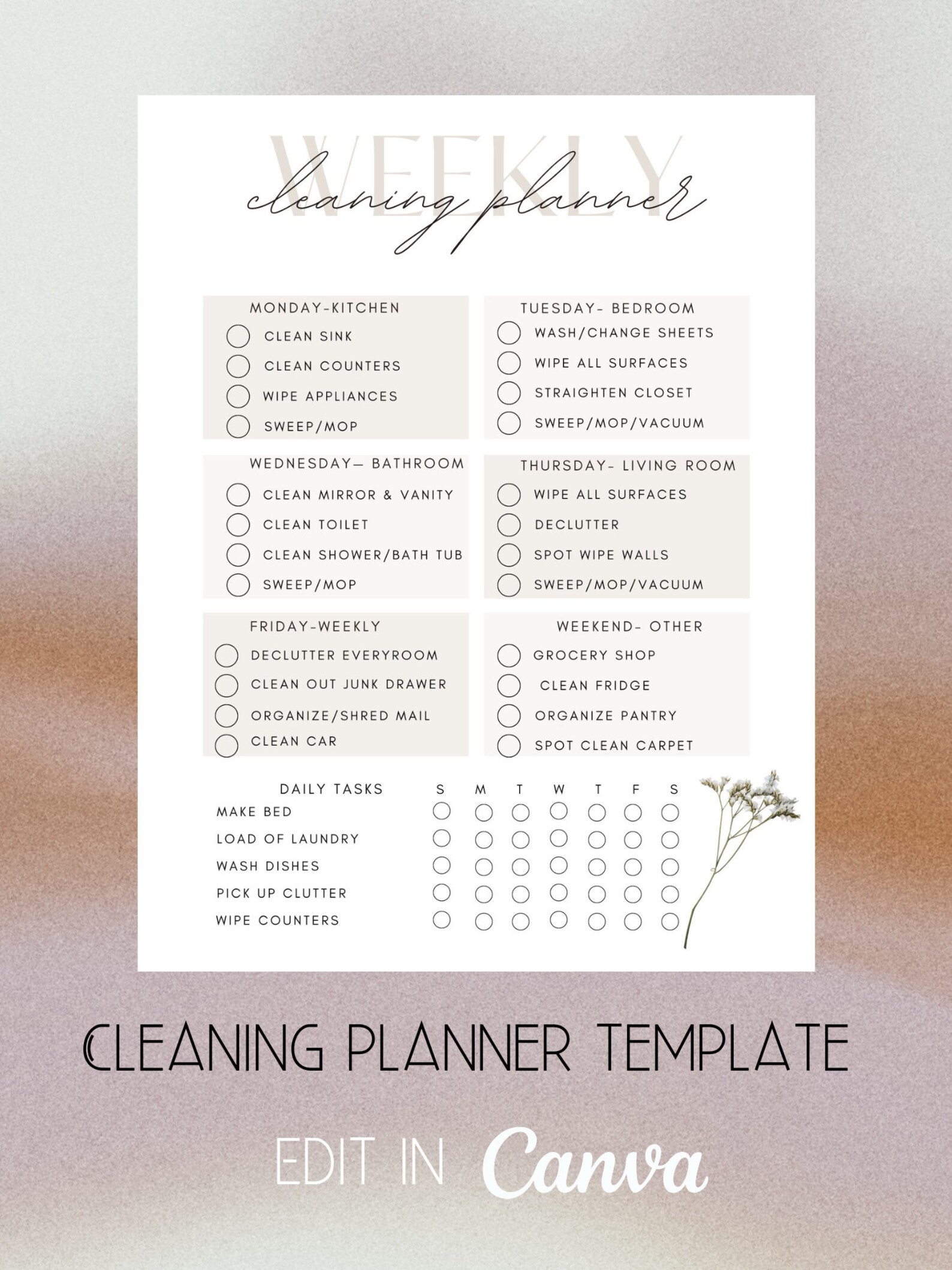 Editable Cleaning Planner| Weekly Cleaning Planner| Printable Print ...