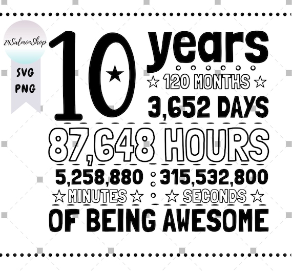 Ten Years of Being Awesome SVG PNG 10th Birthday svg 10 | Etsy