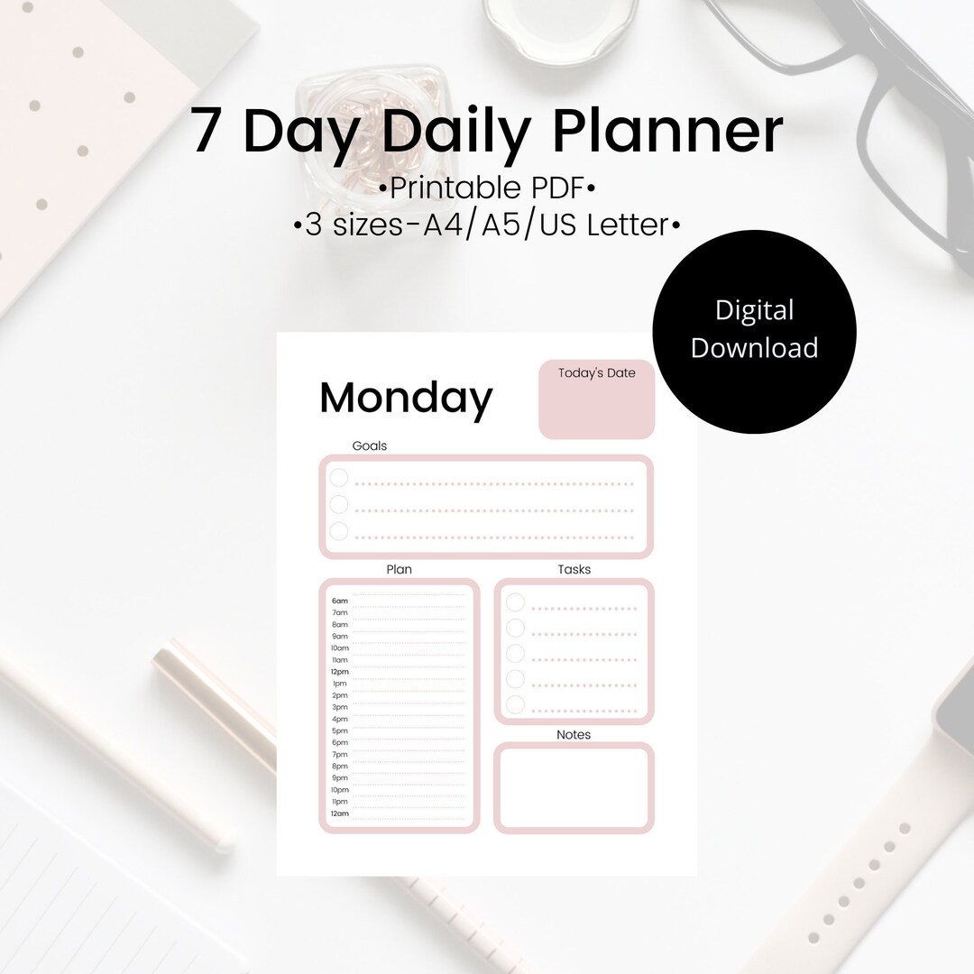 7 Day Daily Planner Printable, A4 A5 US Letter, Planner Insert, Daily ...