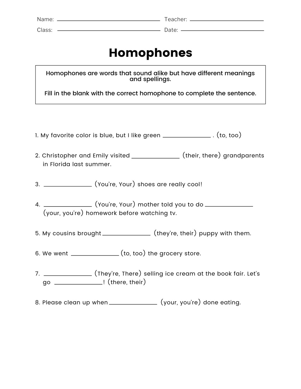 Printable Grammar Worksheet, English Worksheet, Homophones Worksheet ...