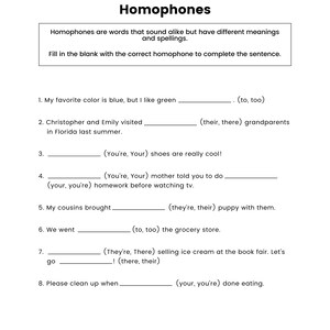 Printable Grammar Worksheet, English Worksheet, Homophones Worksheet ...