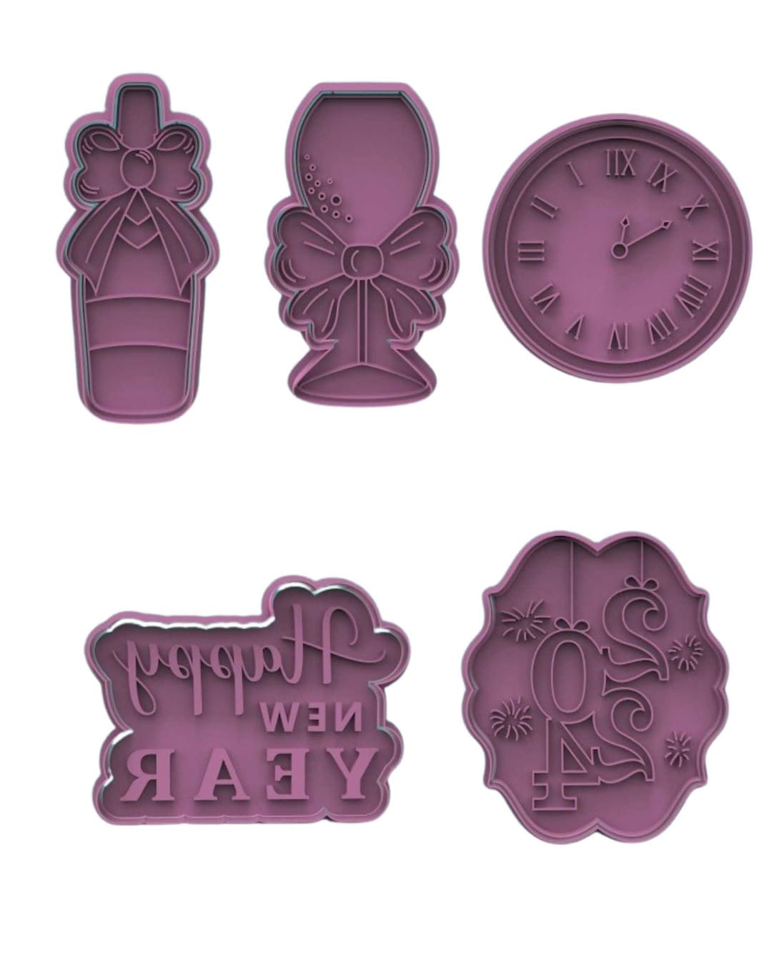 Happy New Year Cookie Fondant Cutter Stamps Counting Down Clock Wine ...