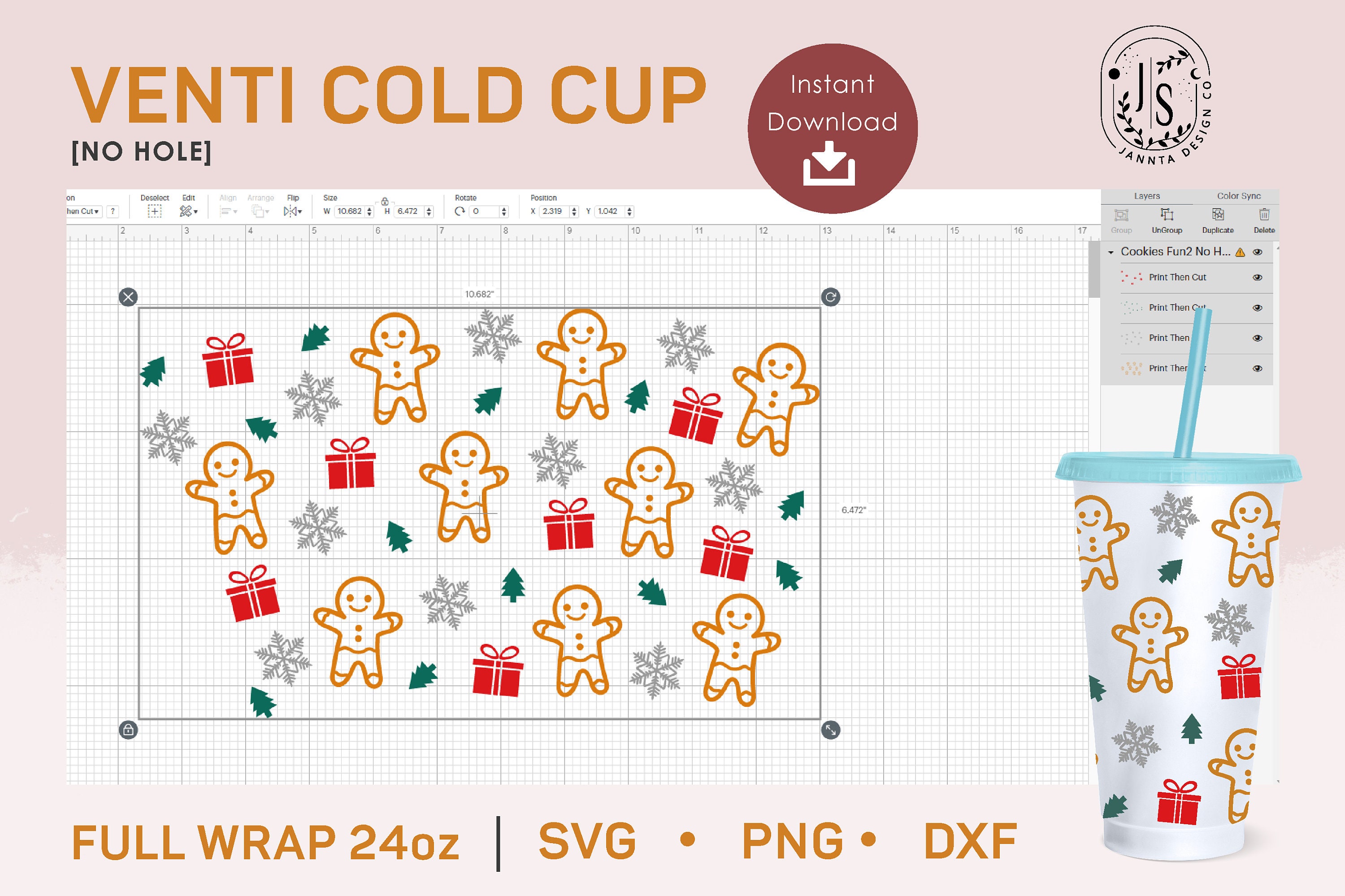 Gingerbread Cookies SVG, No Hole 24oz Venti Cold Cup Svg, Christmas ...