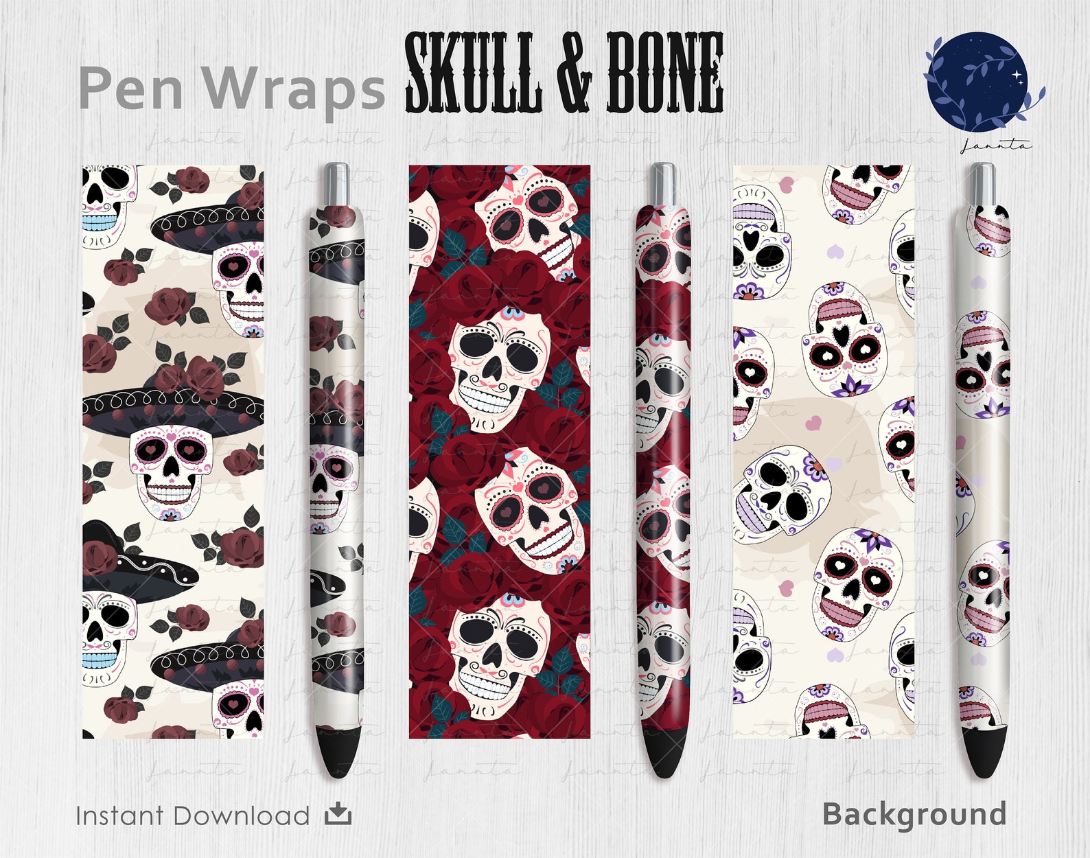 Sugar Skull Pen Wrap PNG | Skulls Wraps Png | Bones Hand Wrap File Set ...