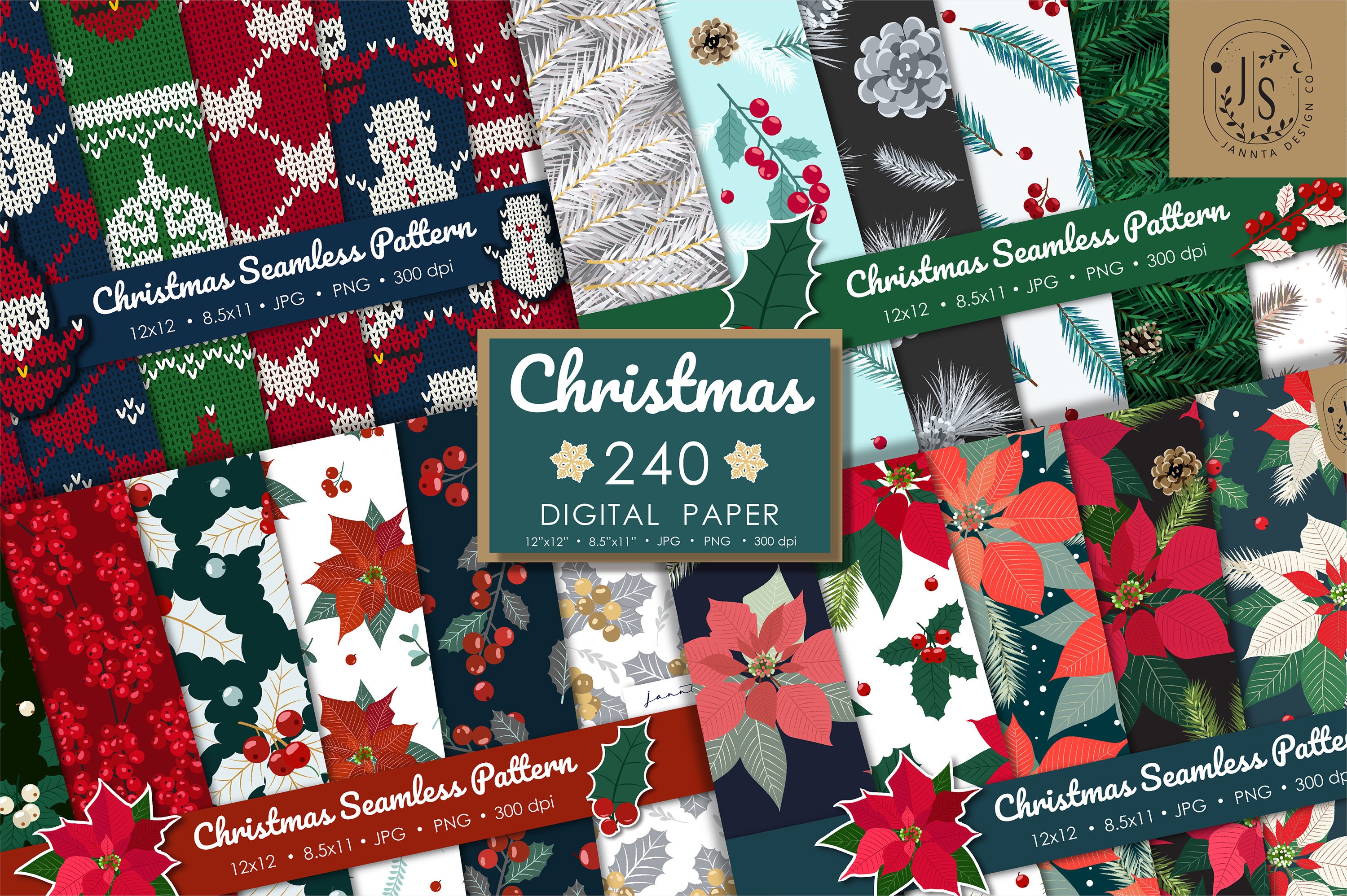 Bundle Christmas Digital Paper Winter Pattern Background | Etsy