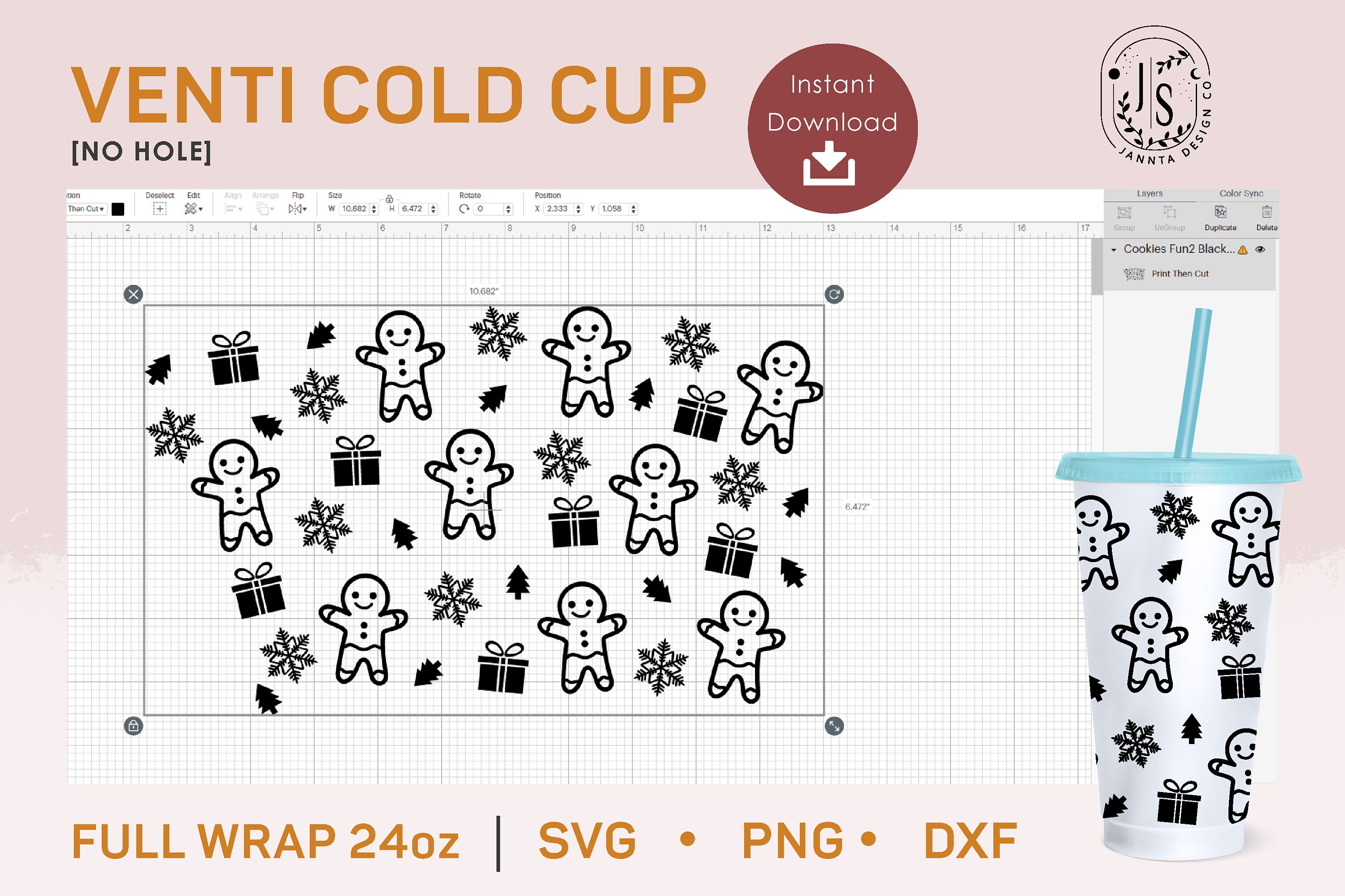 Gingerbread Cookies SVG, No Hole 24oz Venti Cold Cup Svg, Christmas ...