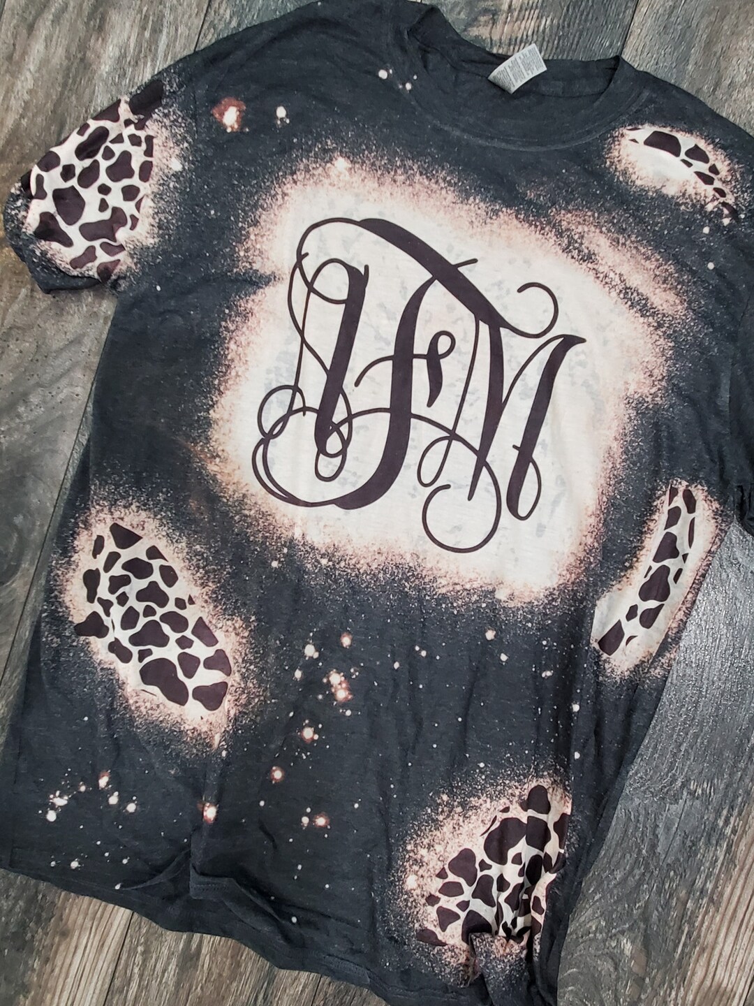 Vine Monogram Tee / Cow Print Patches / Bleached Tee / - Etsy