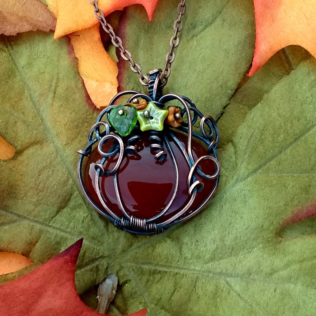 Wire Wrapped Pumpkin Pendant, Carnelian Pumpkin Pendant, Fall Jewelry ...