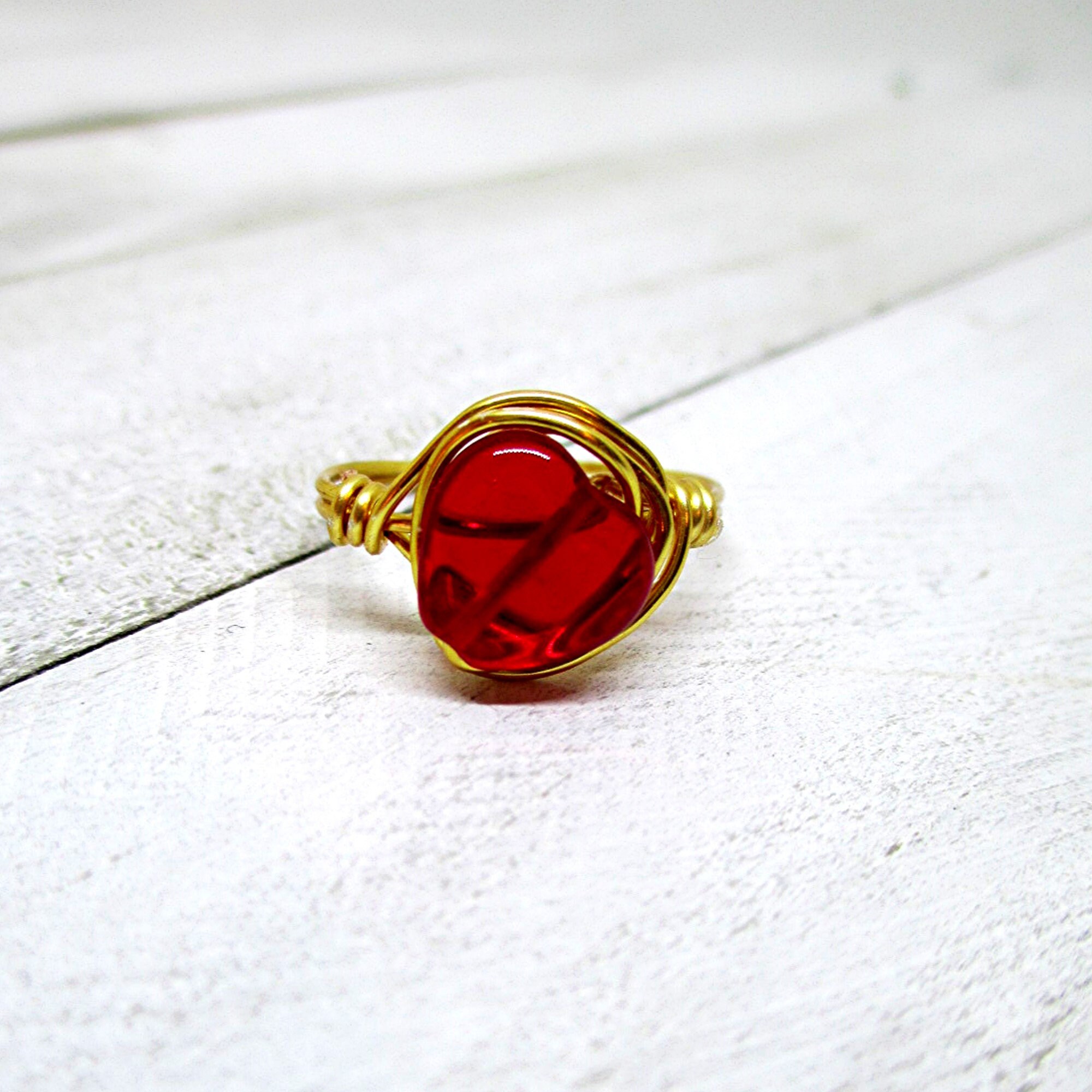 Wire Wrapped Red Heart Ring / Czech Pressed Glass Heart Ring / Wire ...