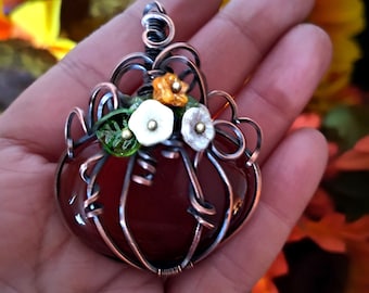 Wire Wrapped Pumpkin Pendant, Carnelian Pumpkin Pendant, Fall Jewelry ...