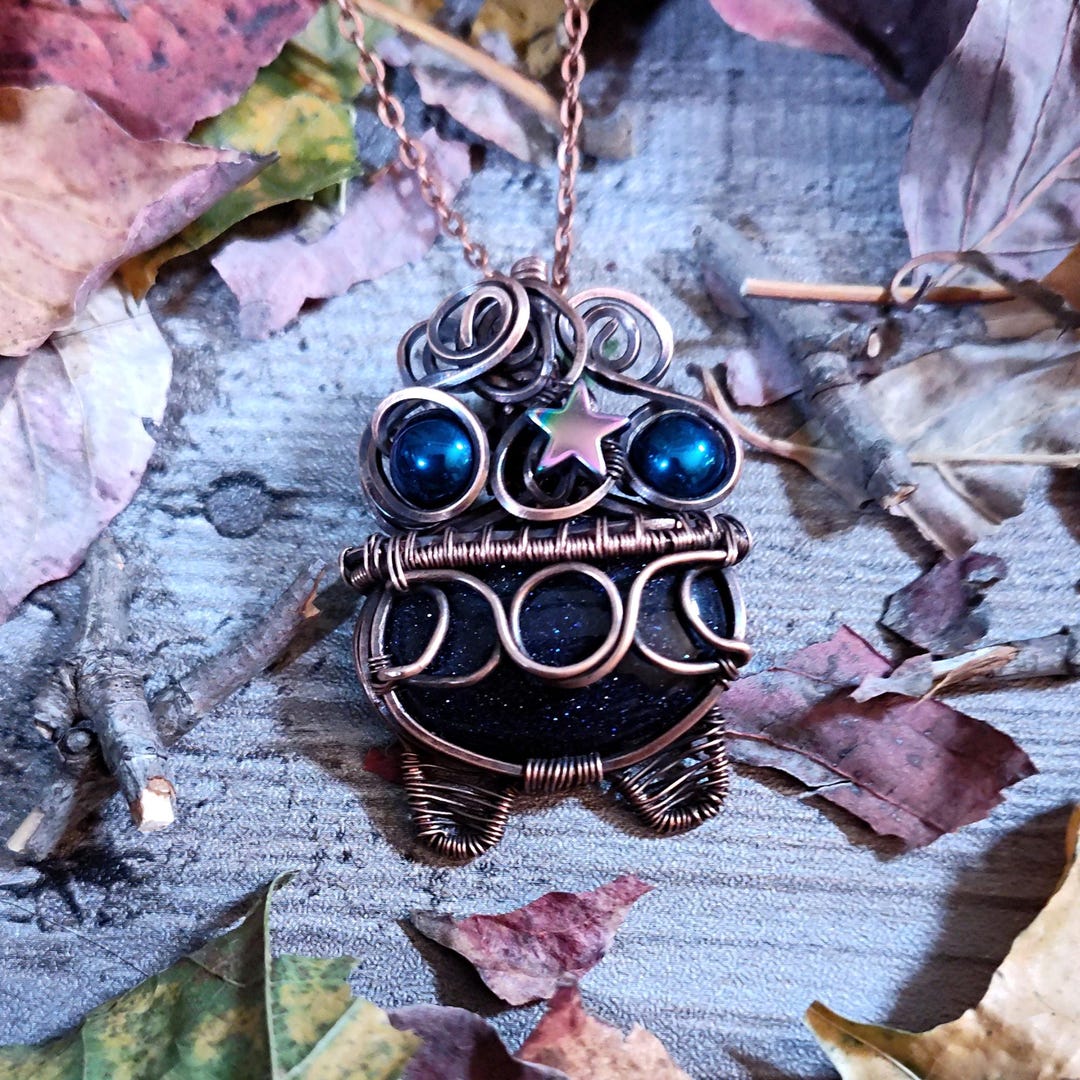Blue Sandstone Cauldron Pendant / Witches Cauldron Necklace / Wire ...