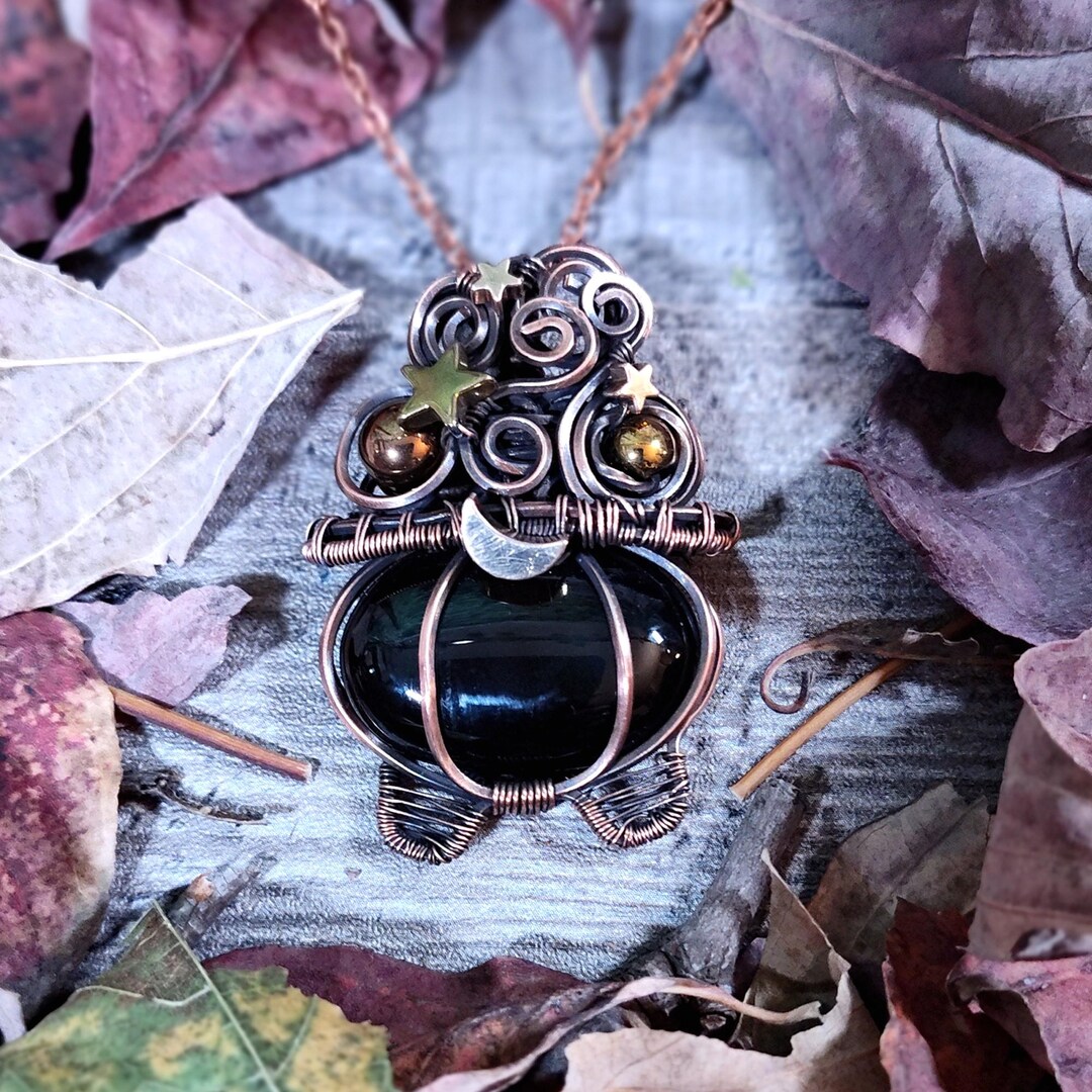 Black Onyx Cauldron Pendant / Witches Cauldron Necklace / Wire Wrapped ...