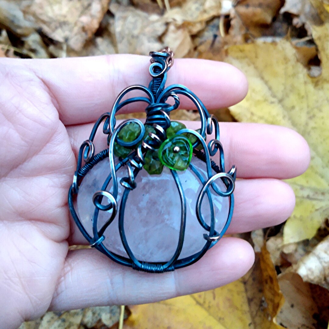 Wire Wrapped Pumpkin Pendant, Rose Quartz, Pumpkin Pendant, Fall ...