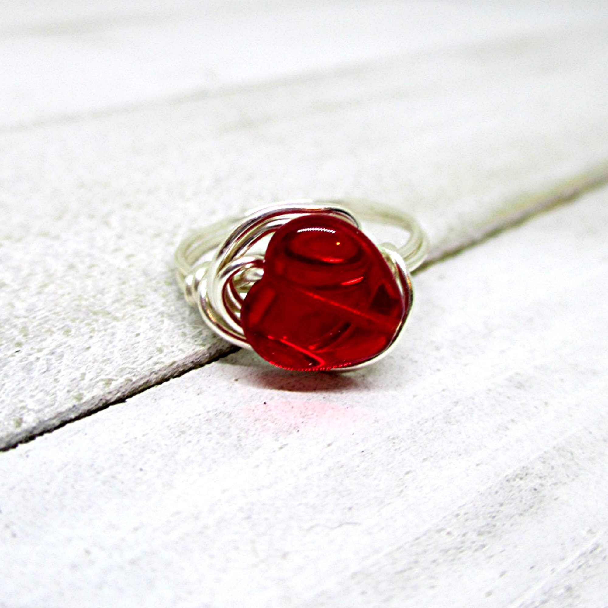 Wire Wrapped Red Heart Ring / Czech Pressed Glass Heart Ring / Wire ...