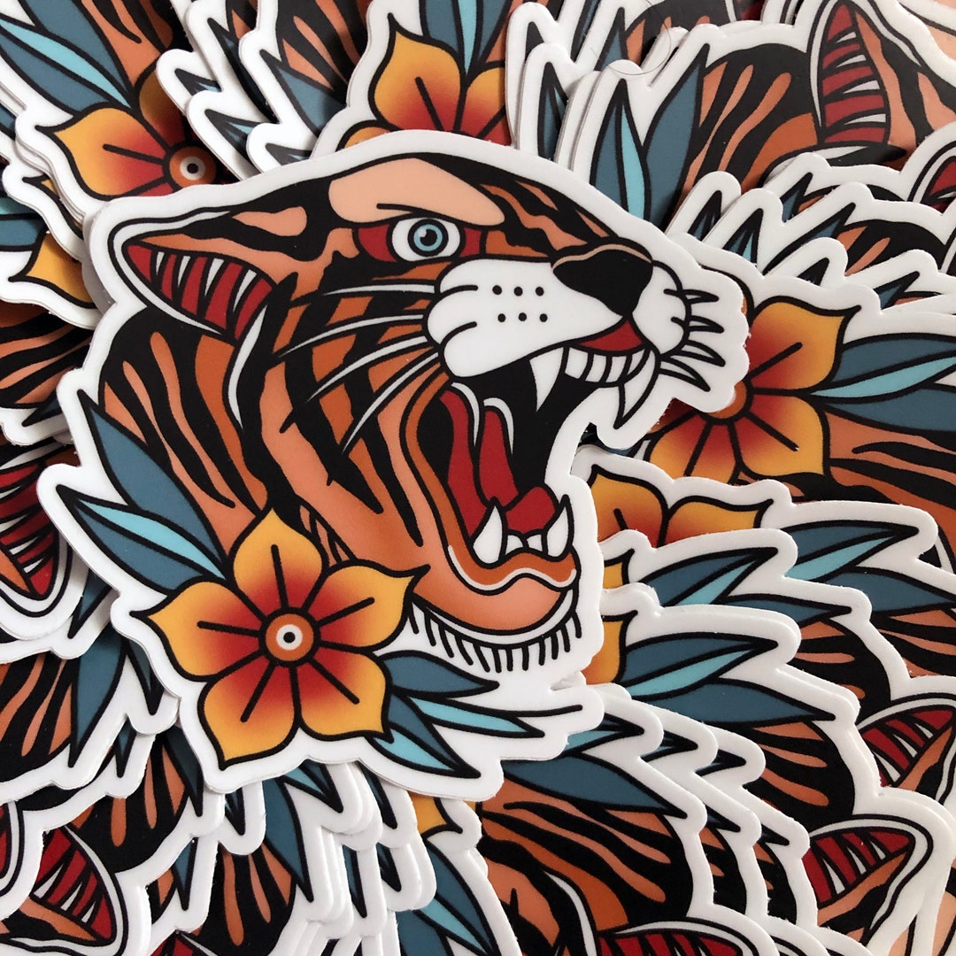 Traditional Tattoo Style Tiger Head Sticker| 3-inch Diecut | Laptop and ...