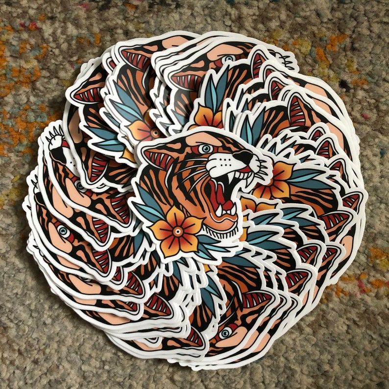 Traditional Tattoo Style Tiger Head Sticker| 3-inch Diecut | Laptop and ...