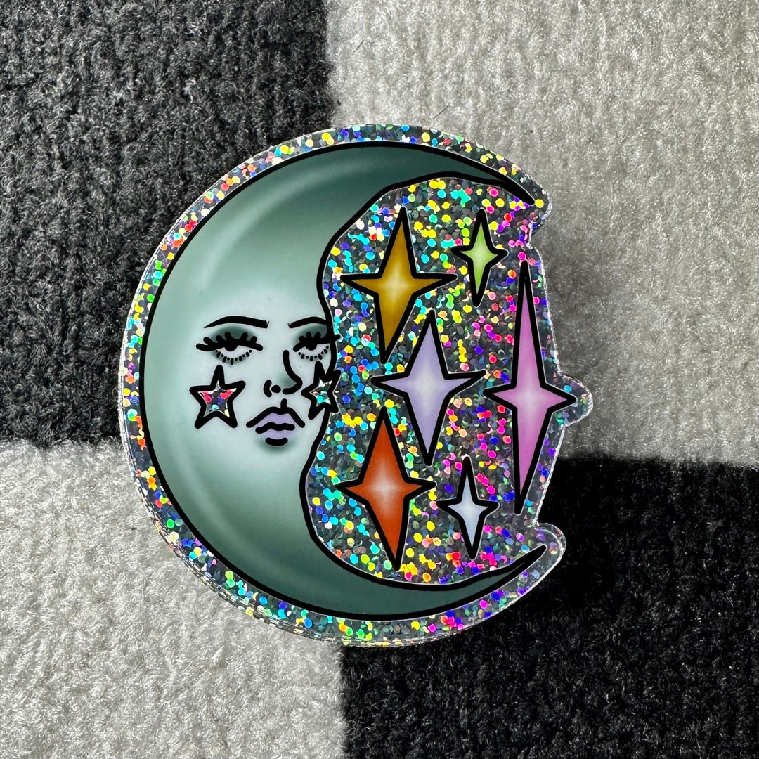 Crescent Moon Lady With Face Glitter Sticker | Moon and Stars | Rainbow ...