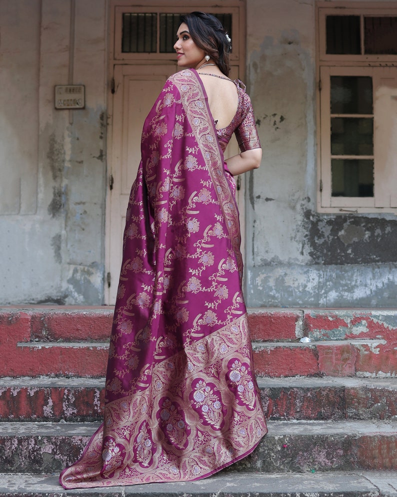 Pre-stitched Saree Gift for Her Women's Wine Color Banarasi Soft Silk ...