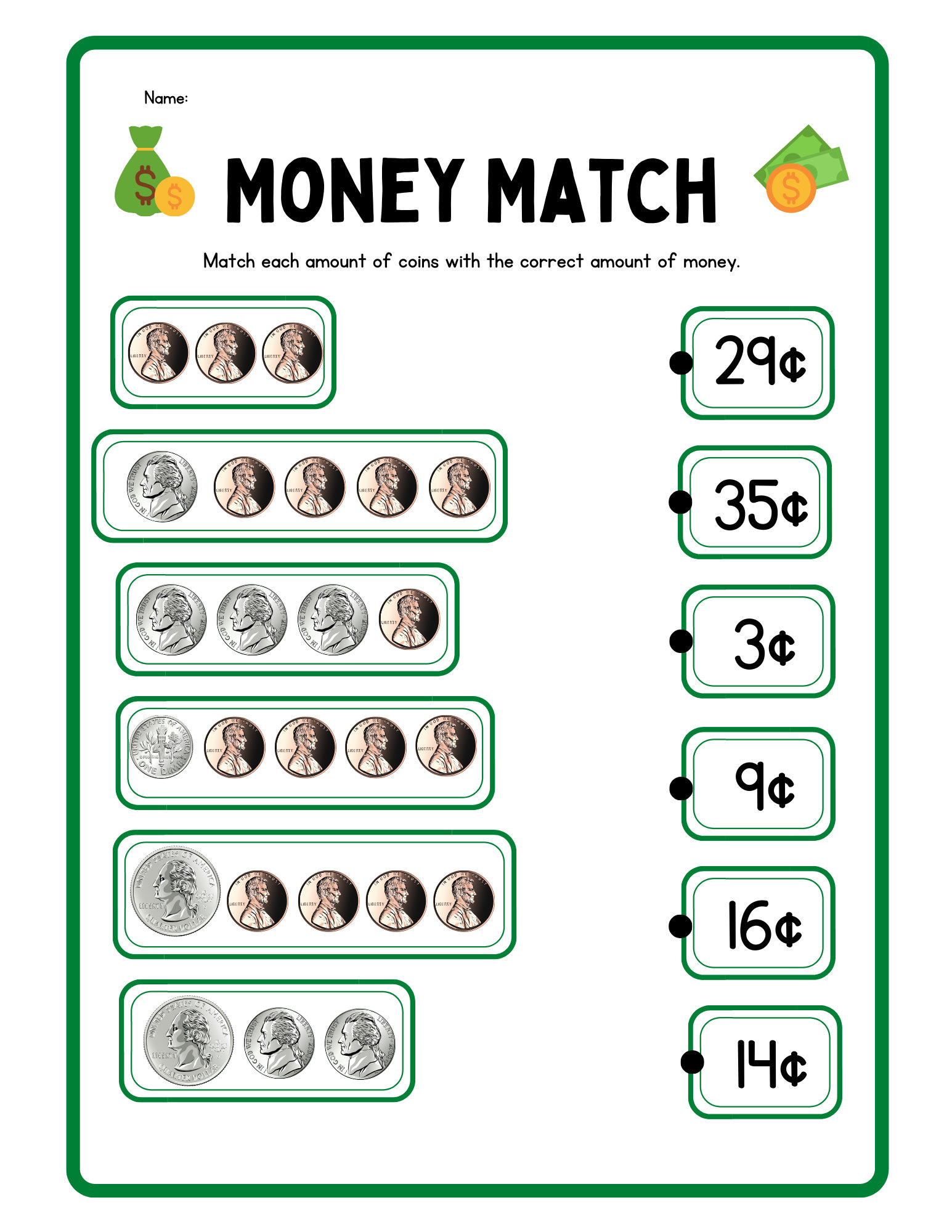 Money Match Worksheet - Etsy